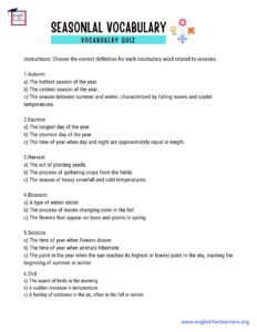 Seasonal Vocabulary Quiz : Match Words With Definitions