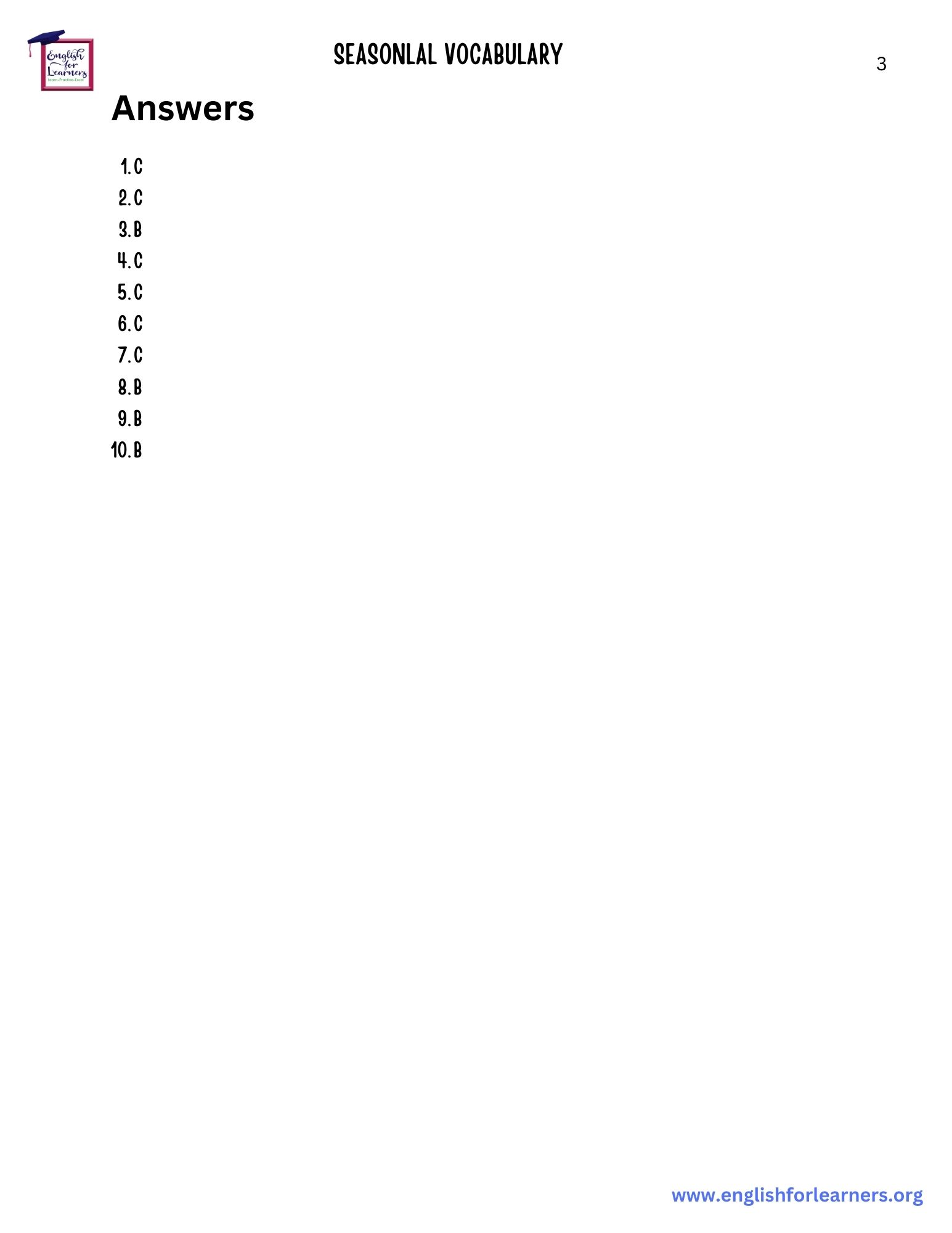Seasonal Vocabulary Quiz : Match Words With Definitions