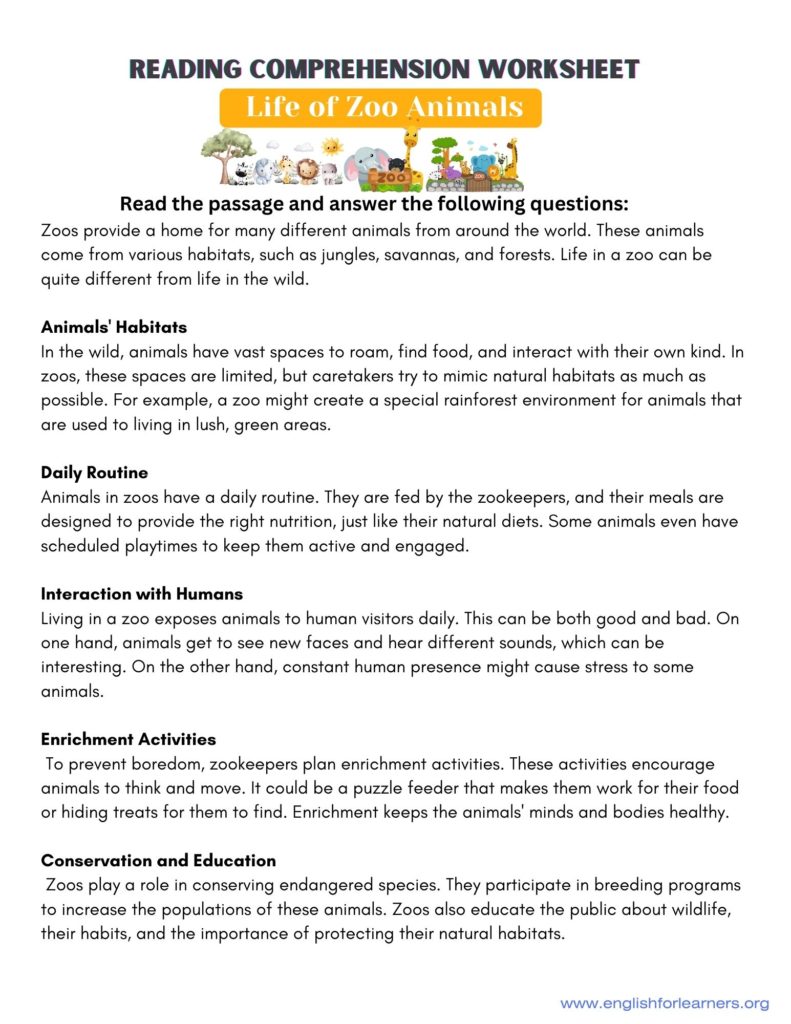 Reading Comprehension Zoo Animals Reading Comprehension Zoo Animals