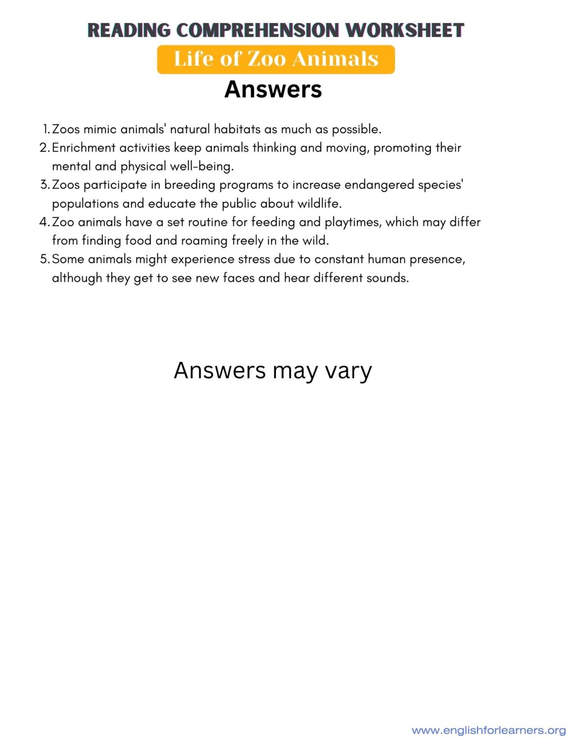Reading Comprehension Zoo Animals