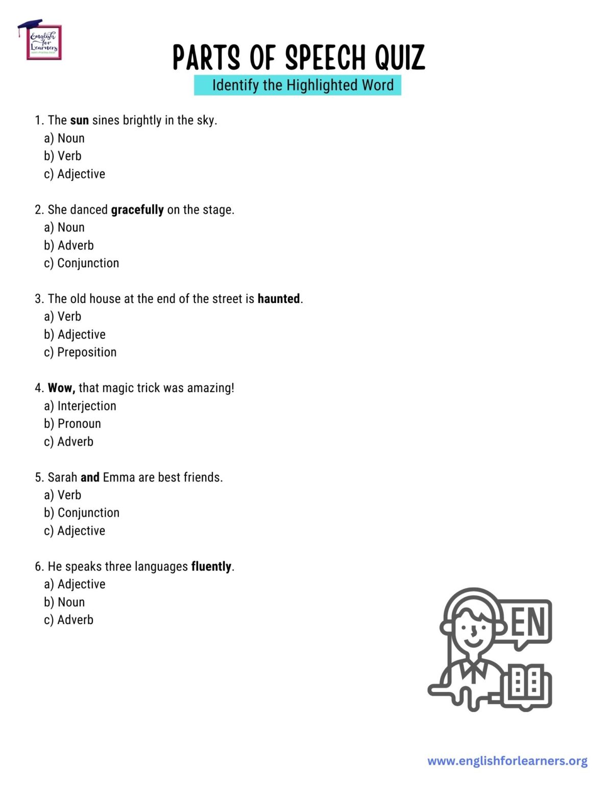 Parts Of Speech Quiz:Identify The Parts Of Speech Worksheets