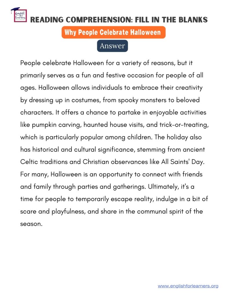 Fill In The Blanks Exercise: Why People Celebrate Halloween