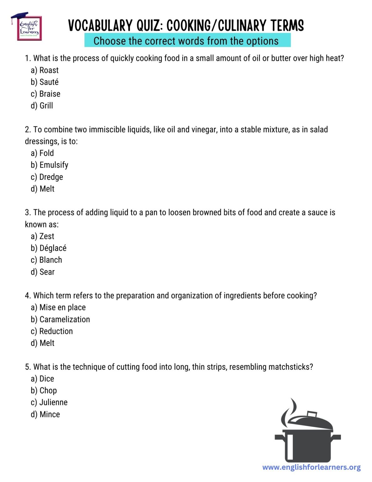 Cooking Terms Quiz | Basic Cooking Terms Worksheet | Culinary Words