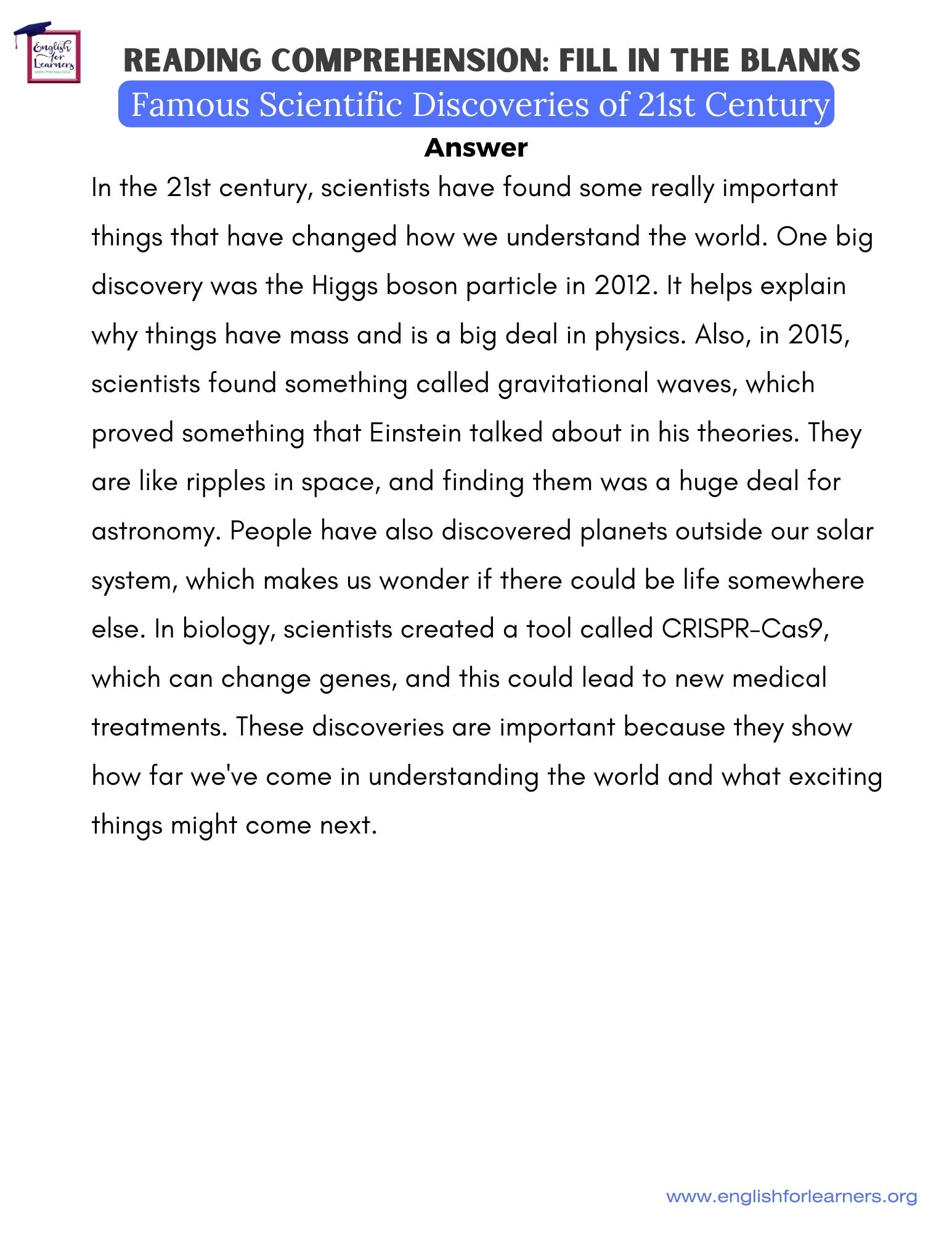 Fill In The Blanks Exercise Famous Scientific Discoveries