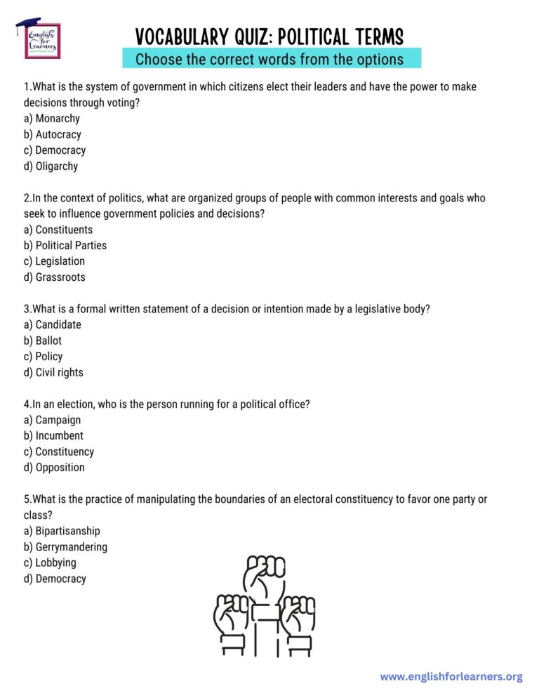 Political Vocabulary Worksheet | Choose The Correct Option