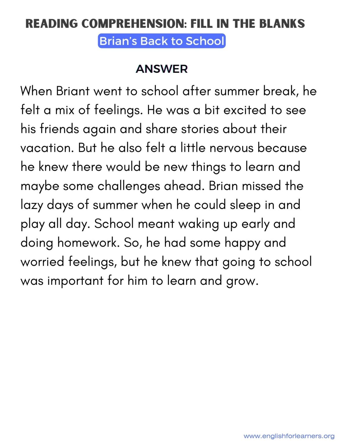 Reading Comprehension: Fill In The Blanks Brian's Back To School