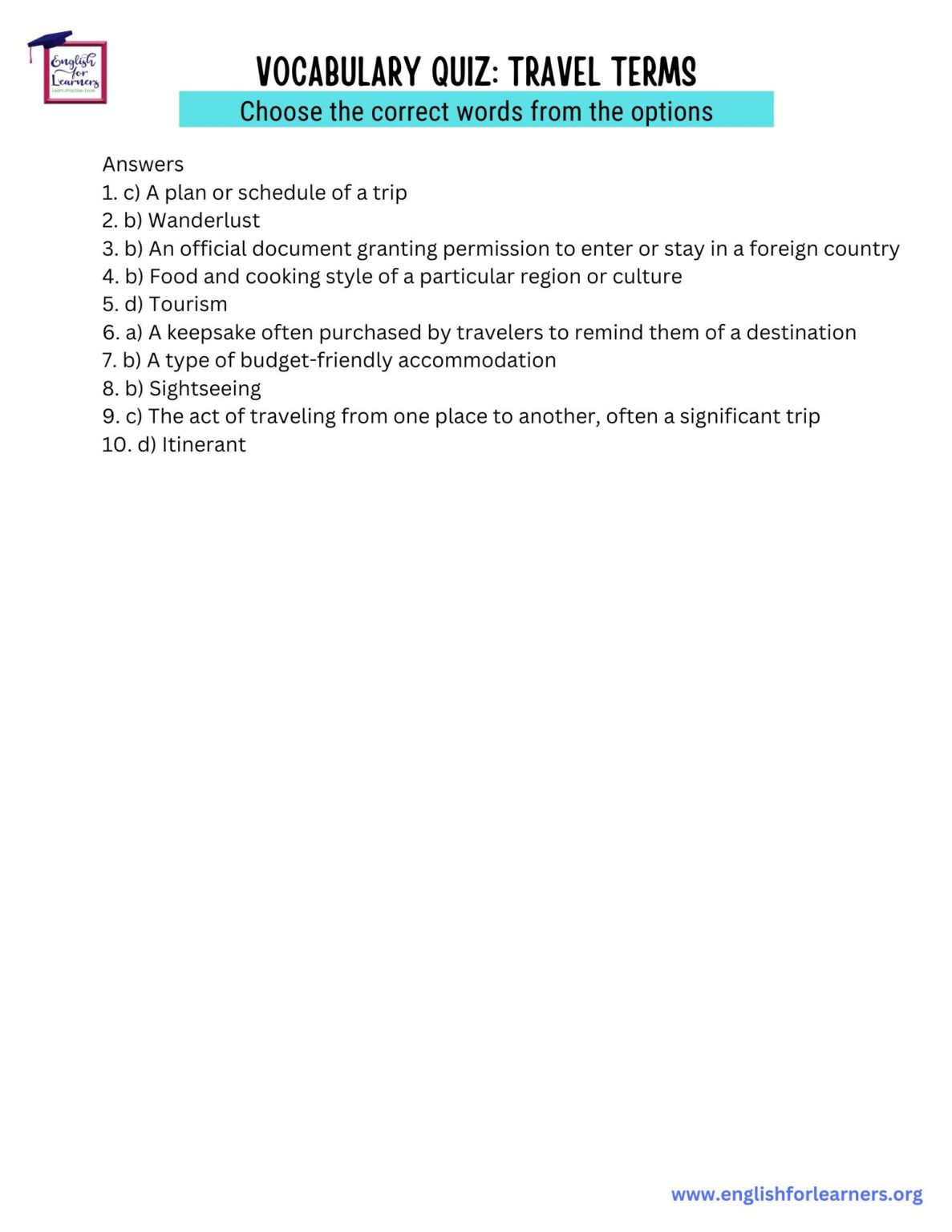 Travel Vocabulary Worksheet: Choose The Correct Options