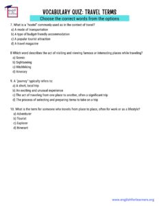 Travel Vocabulary Worksheet: Choose The Correct Options
