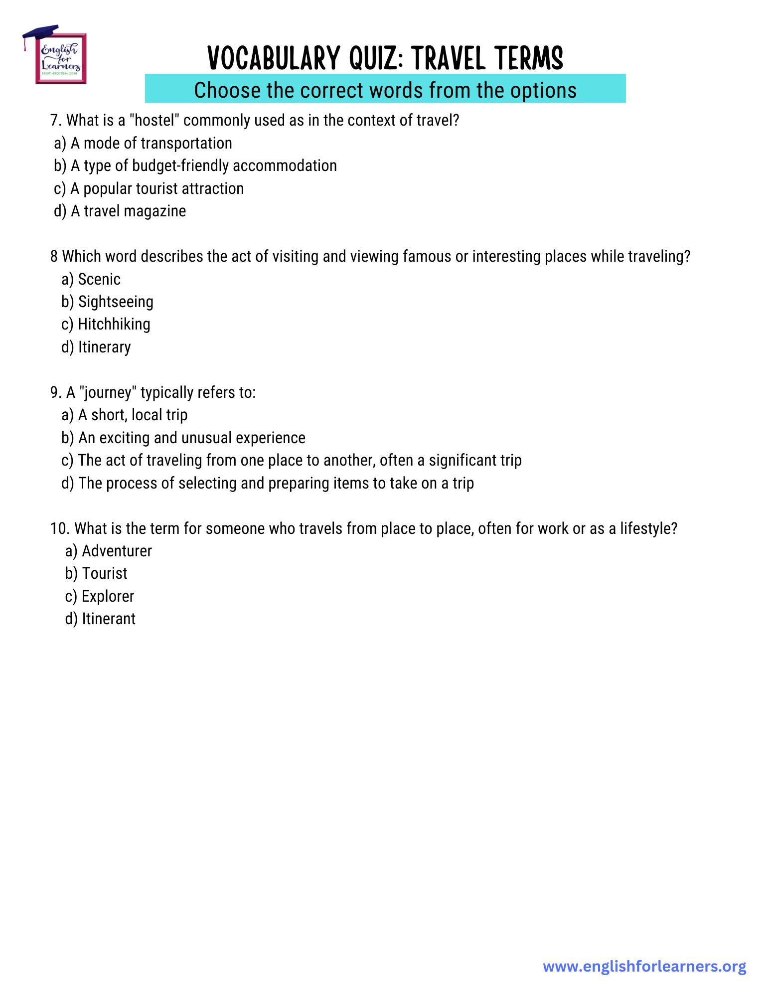 Travel Vocabulary Worksheet: Choose The Correct Options