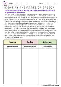 Identify Parts Of Speech Worksheet PDF | Parts Of Speech Quiz