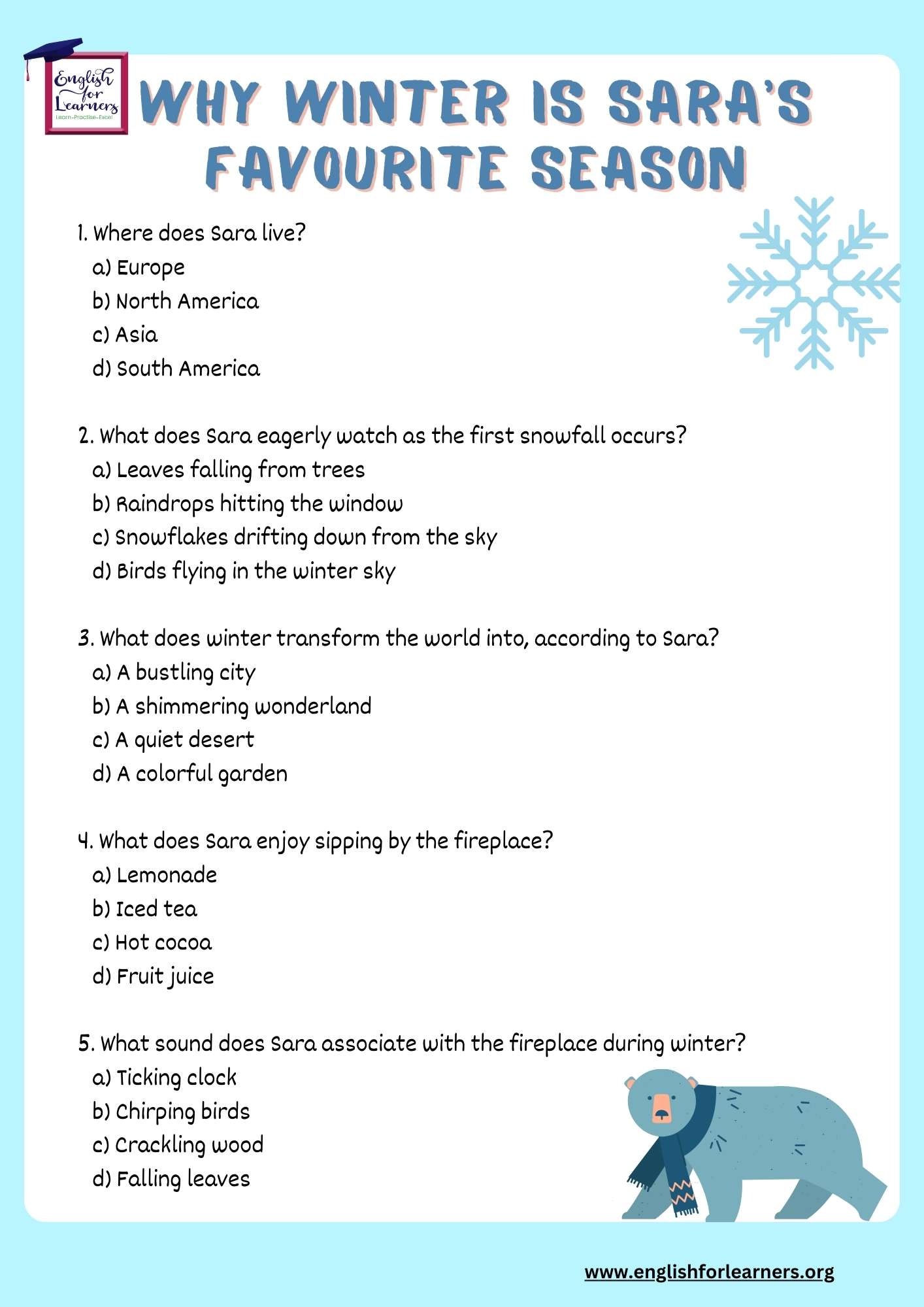 Reading Comprehension Winter: Why Winter Is Sara's Favourite Season