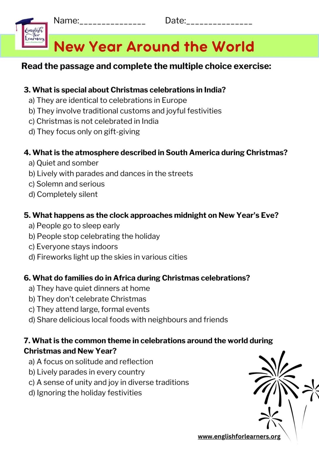 Reading Comprehension New Year Around The World