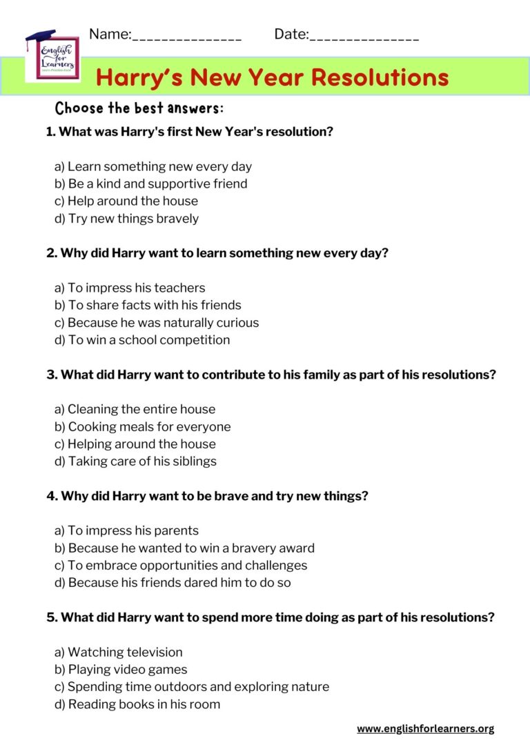 Reading Comprehension New Year's Resolutions