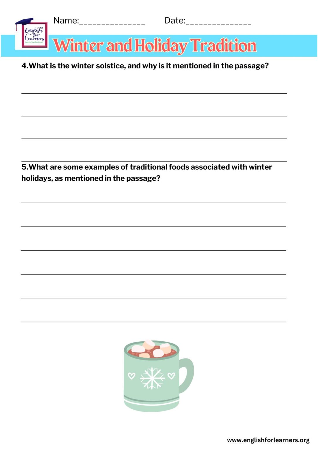 Reading Comprehension Practice Winter And Holiday Tradition