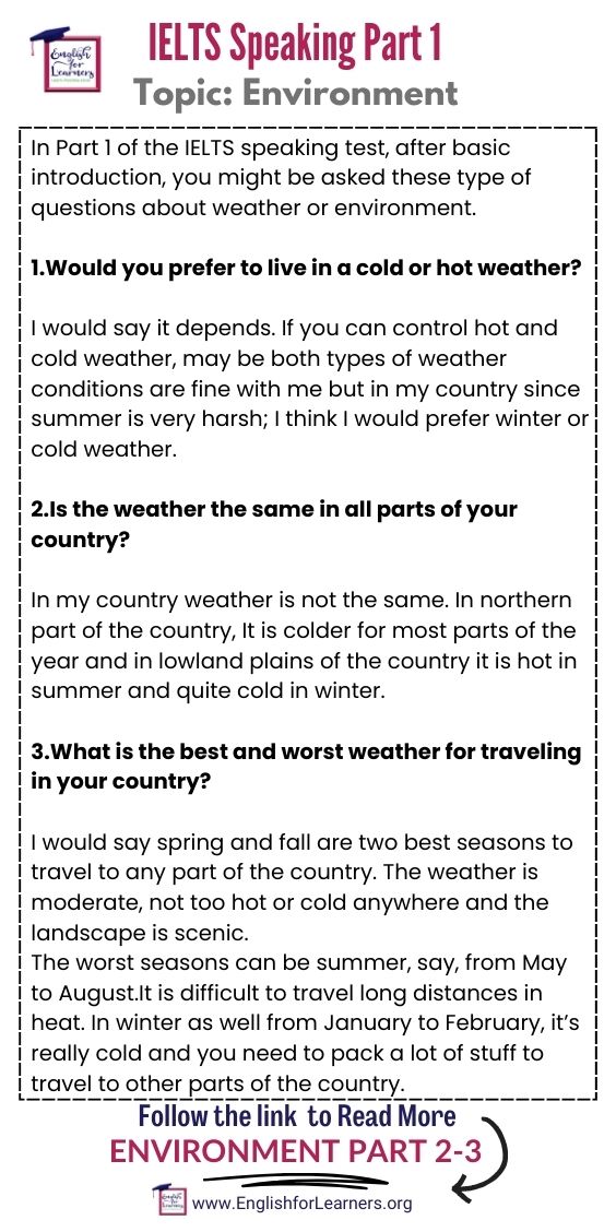 Environment IELTS Speaking Part 1-3, Questions & Answers