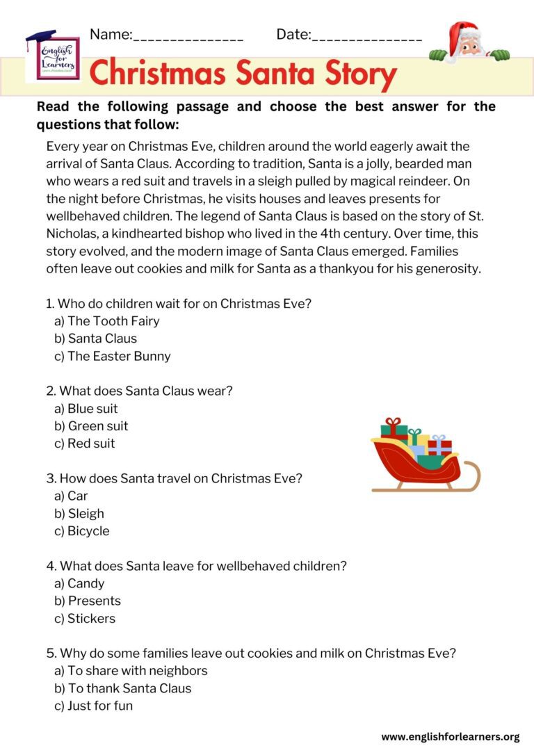 Santa Reading Comprehension: Christmas Santa Story